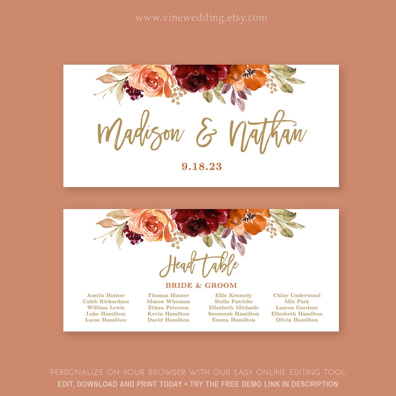 Fall Seating Chart Cards Printable Wedding Seating Chart - Etsy