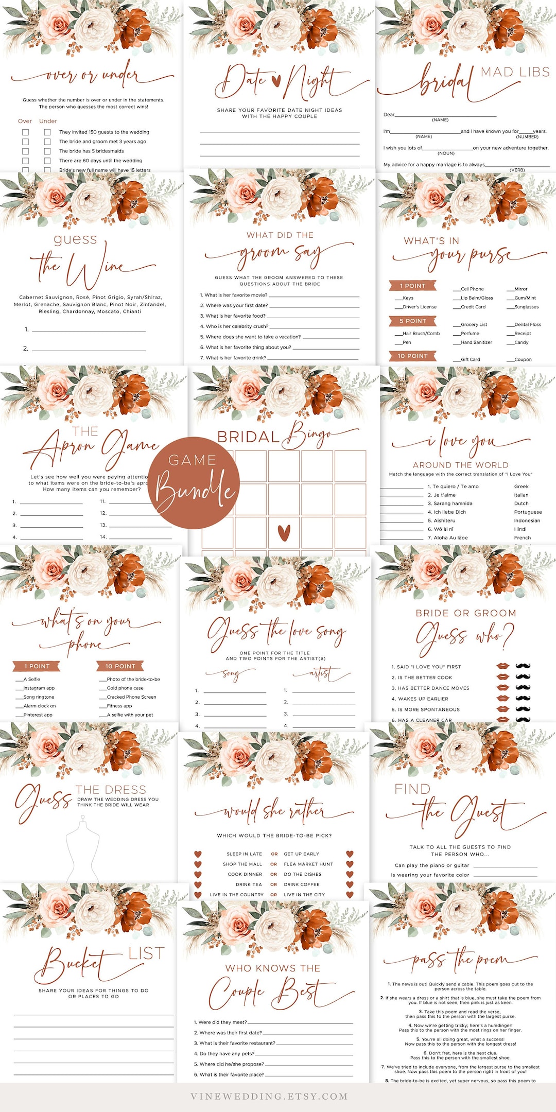Editable Bridal Shower Game Bundle, Boho Bridal Shower Game Bundle ...