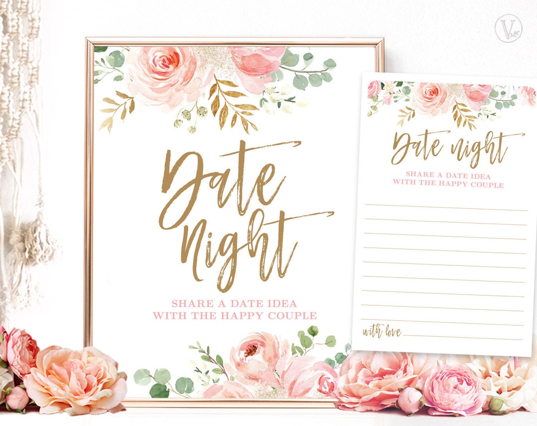 Date Night Sign and Notecards, Printable Bridal Shower Date Dight Sign ...