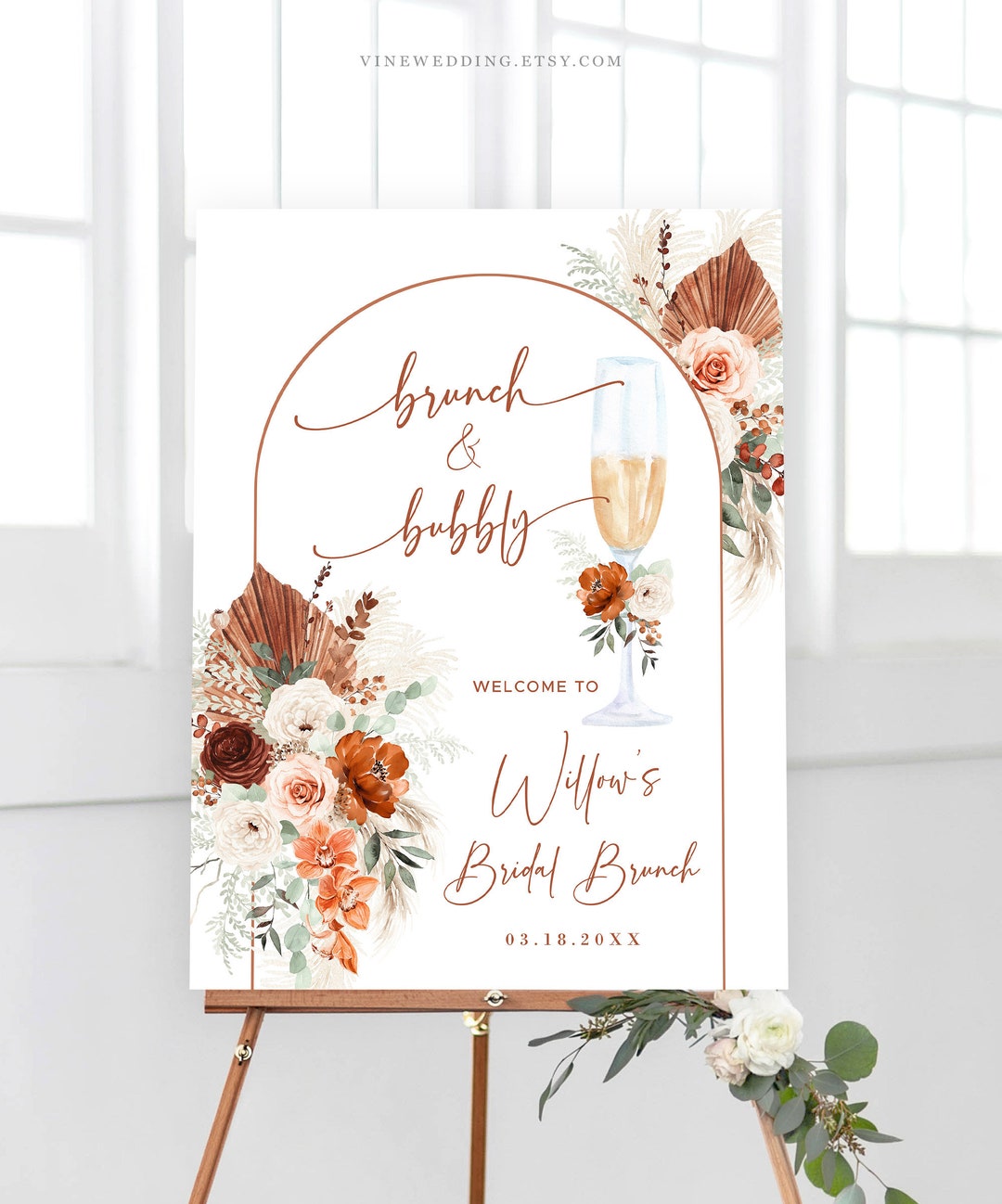 Boho Brunch & Bubbly Welcome Sign, Editable Boho Bridal Brunch Sign ...