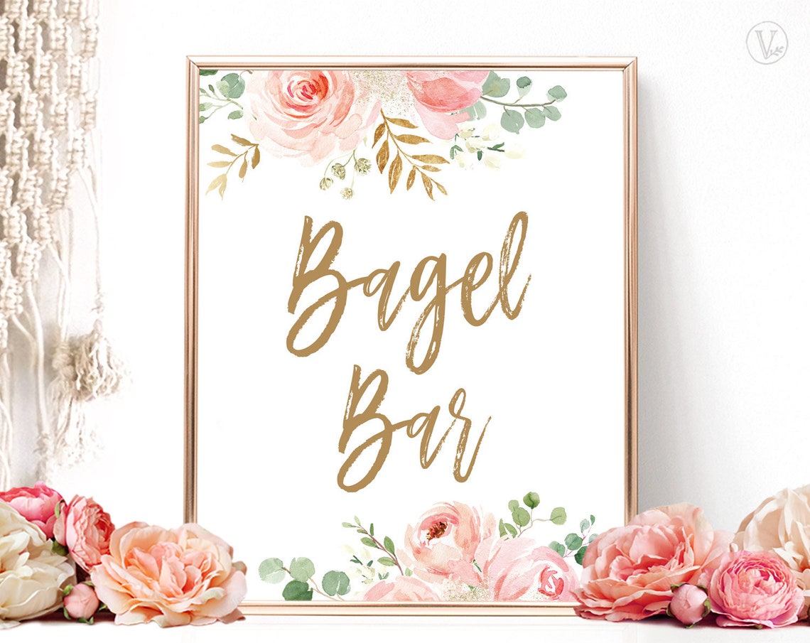 Blush Pink Floral Bagel Bar Sign, Printable Bagel Bar Sign, Bridal ...