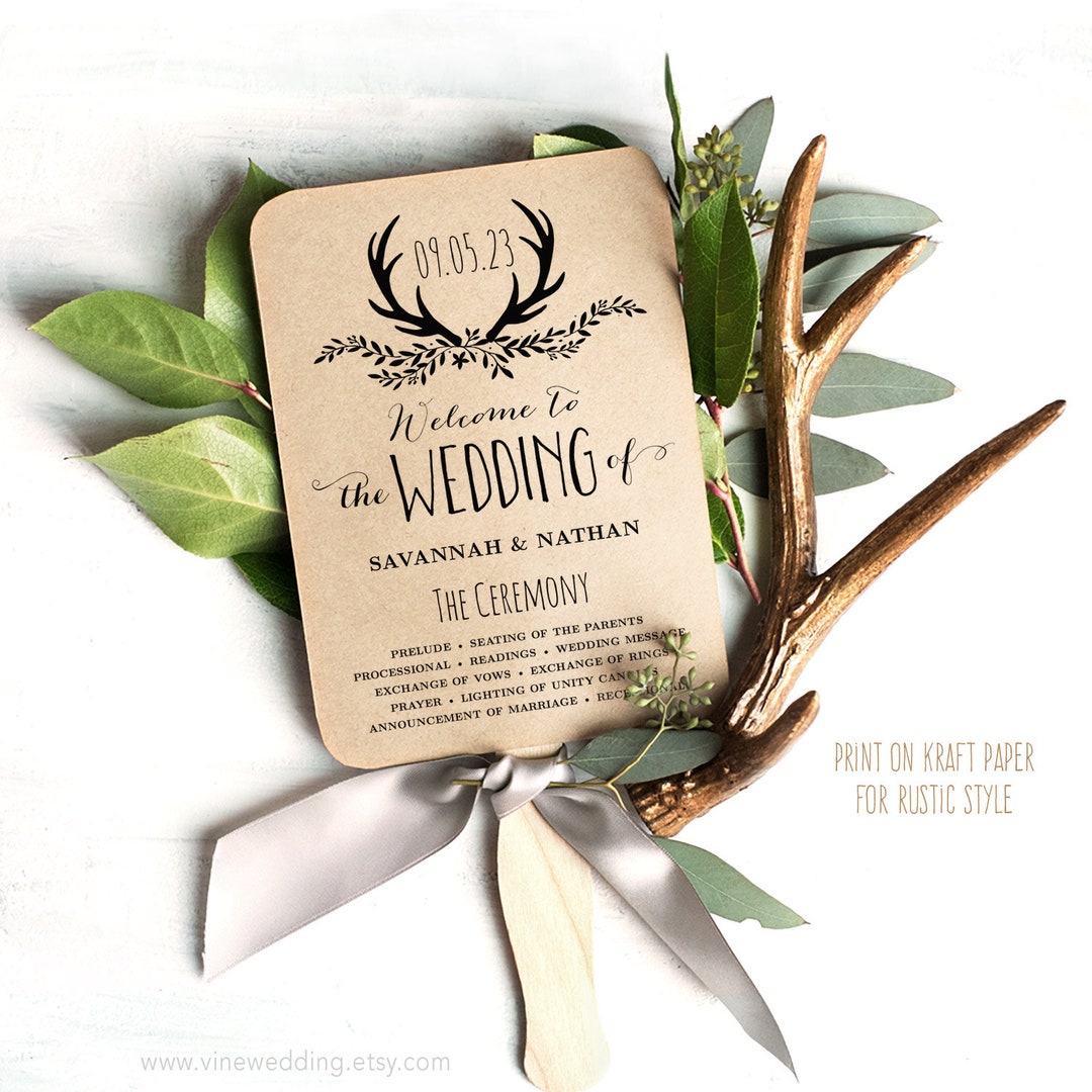 Rustic Antler Wedding Fan Program, Wedding Fans, Editable Wedding Fan Program Template ...