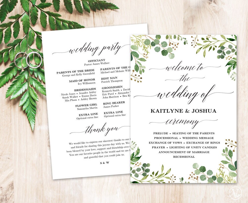 Wedding Program Template Printable Rustic Greenery Wedding | Etsy