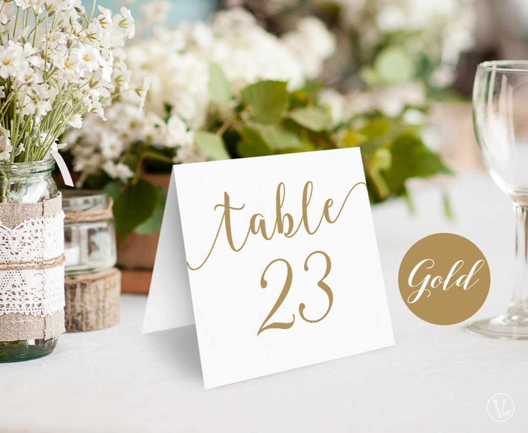 Gold Wedding Table Number Template, Printable Tent Style Table Numbers ...