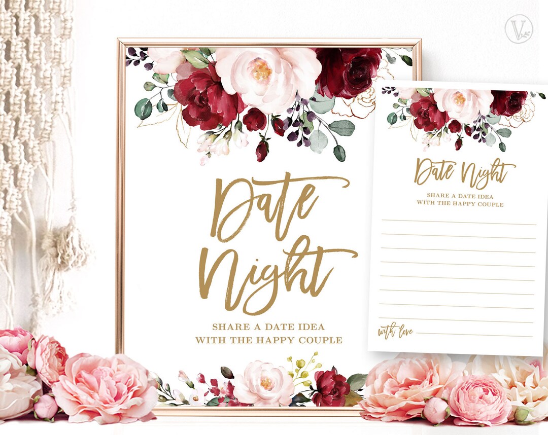 Date Night Ideas Sign and Notecards, Printable Bridal Shower Game Sign ...