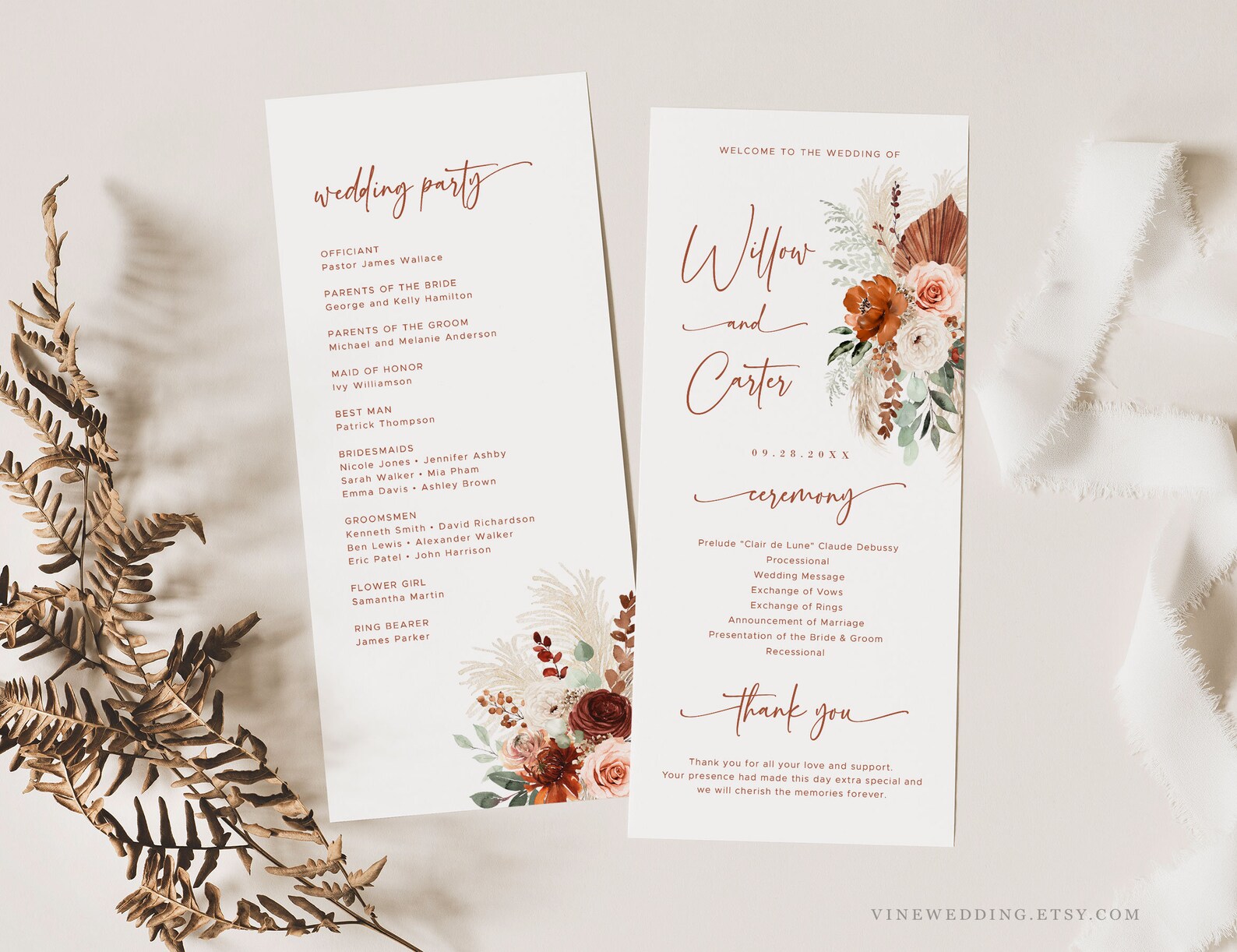 Pampas Wedding Program Template Boho Wedding Program - Etsy