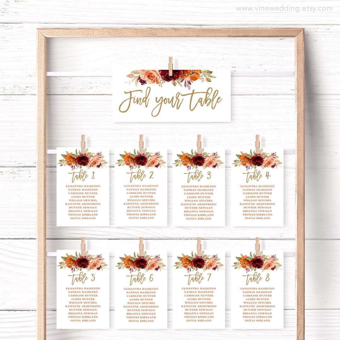 Fall Seating Chart Cards, Printable Wedding Seating Chart Template ...