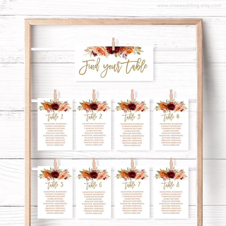 Fall Seating Chart Cards Printable Wedding Seating Chart - Etsy