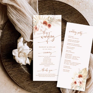 Wedding Program Template, Boho Wedding Program, Editable, Printable Wedding Program, 9x4, Pampas ...