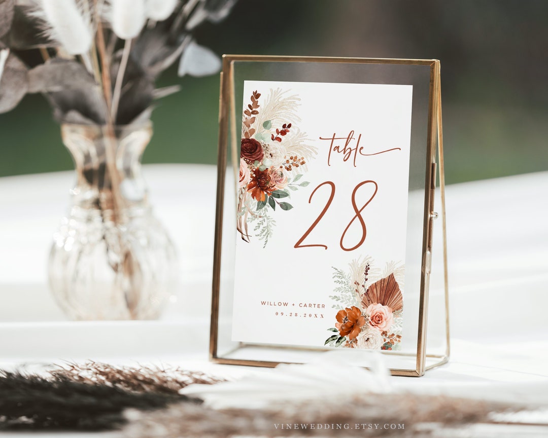 Pampas Wedding Table Numbers Signs, Printable Wedding Table Numbers ...
