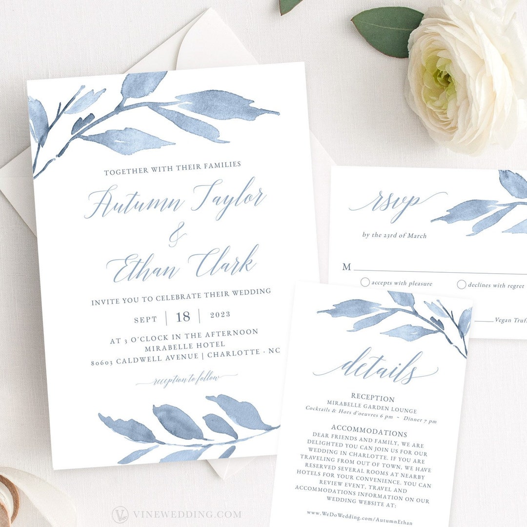 Dusty Blue Leaves Wedding Invitation Set, Printable Wedding Invitation ...