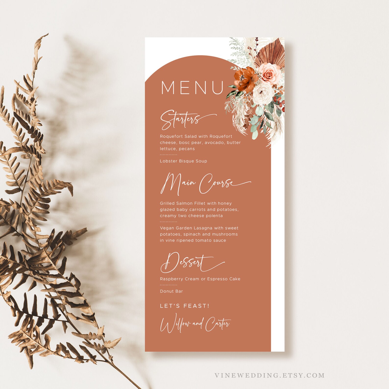 Arch Wedding Menu Template, Boho Wedding Menu, Printable Pampas Wedding ...