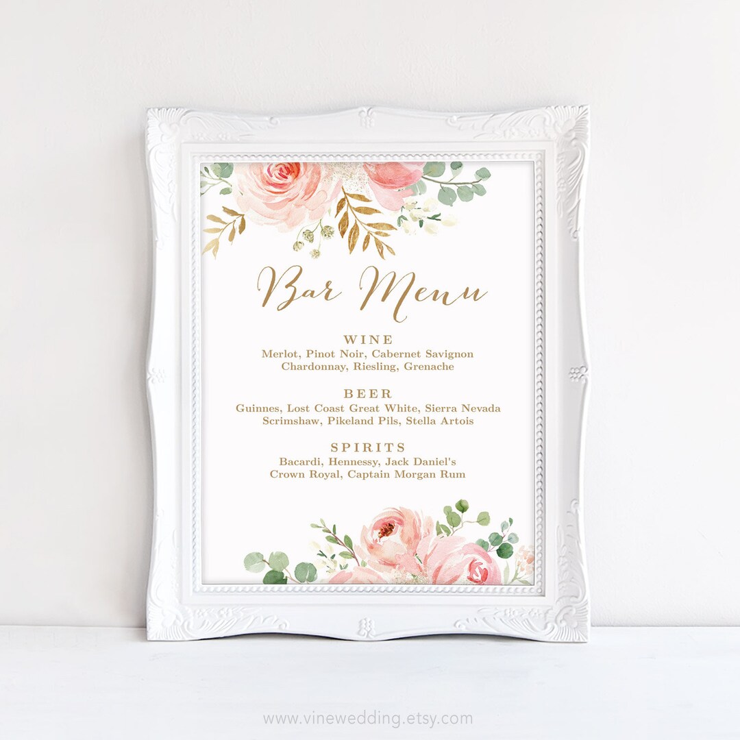Blush Pink Floral Bar Menu Sign, Printable Bar Menu Sign Template ...