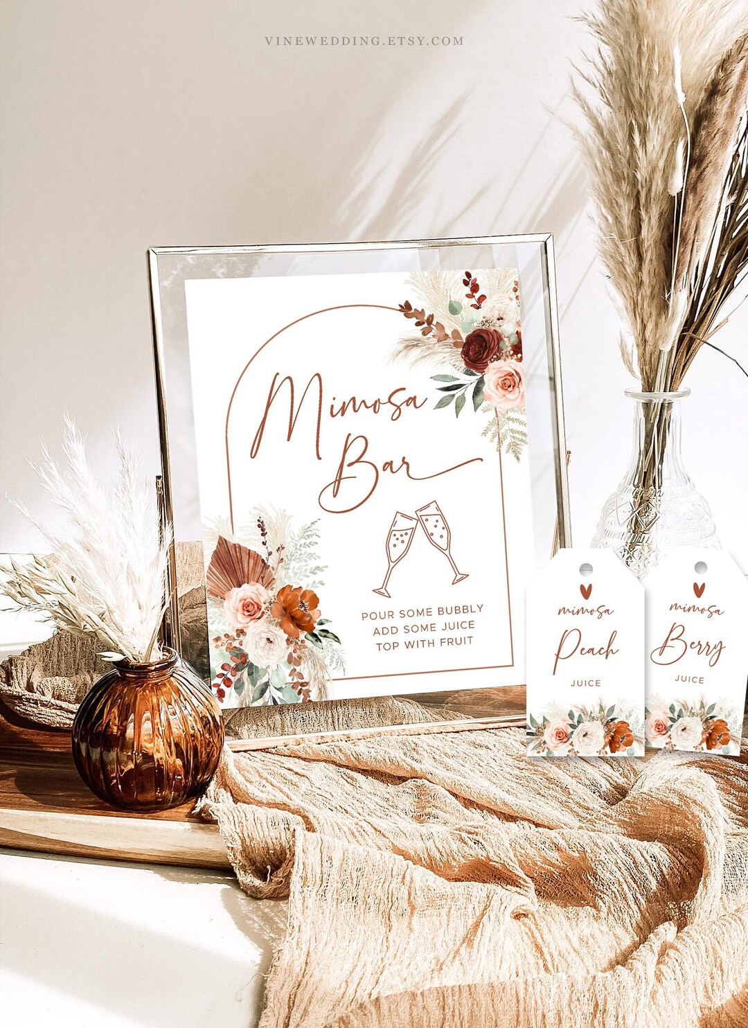 Boho Mimosa Bar Sign and Juice Tag, Editable Bridal Shower Mimosa Bar ...