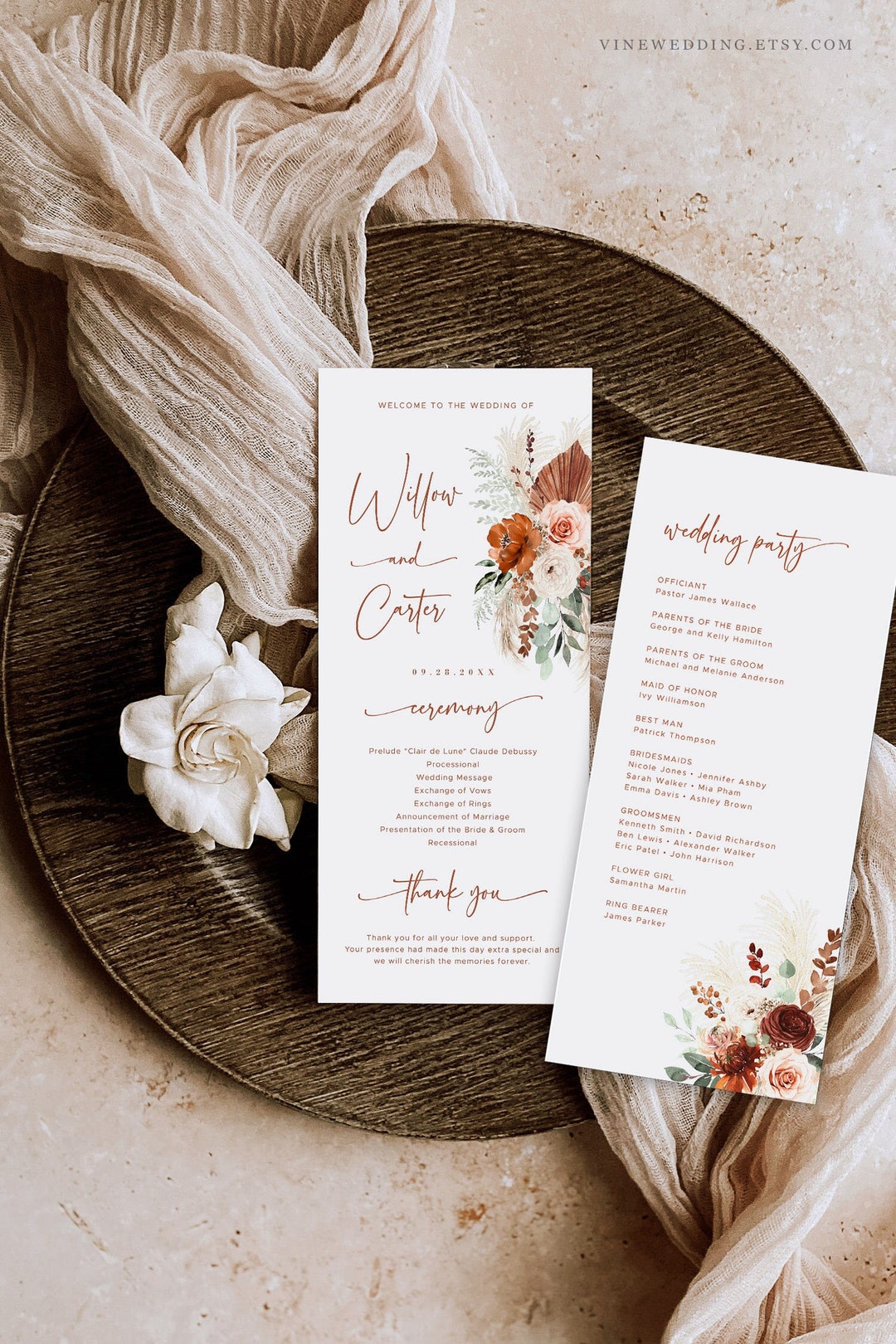 Pampas Wedding Program Template, Boho Wedding Program, Printable Wedding Program, 9x4 ...
