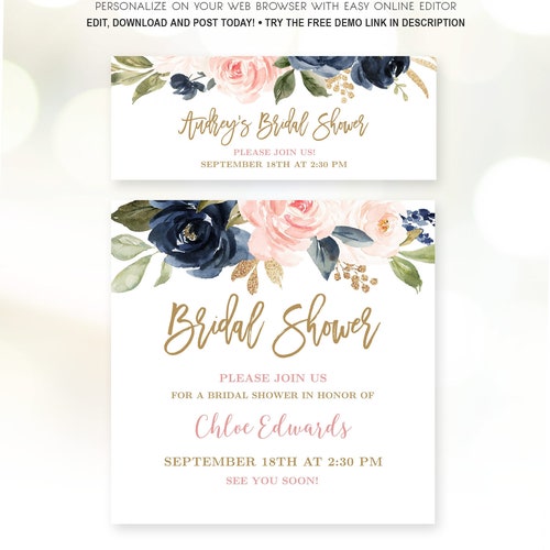 Navy Blush Rose Gold Floral Editable Bridal Shower Welcome | Etsy