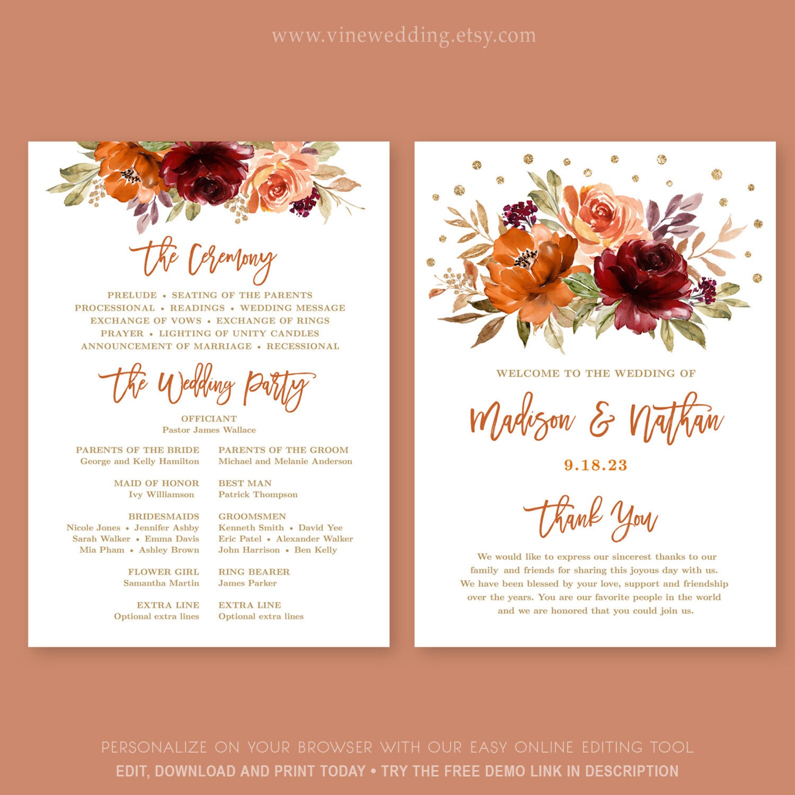 Fall Wedding Programs Printable Wedding Program Template | Etsy