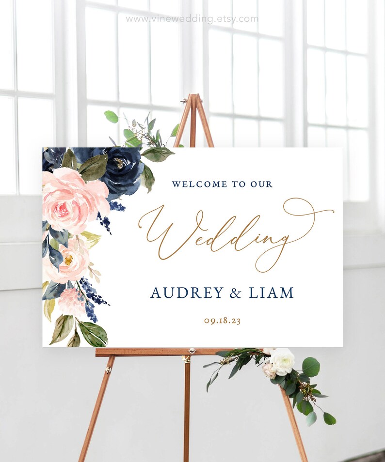 Navy and Blush Wedding Welcome Sign Printable Wedding Welcome - Etsy