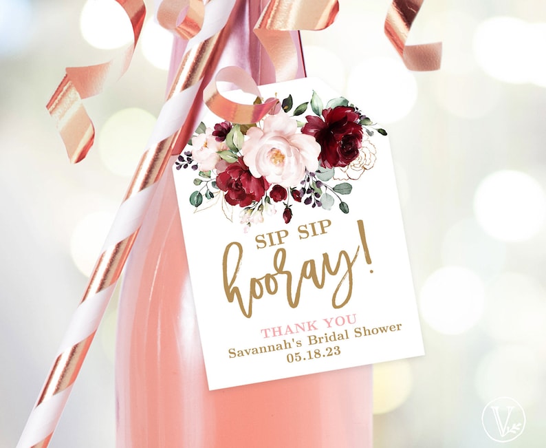 Sip Sip Hooray! Champagne or Wine Bottle Favor Tags, Printable Bridal ...