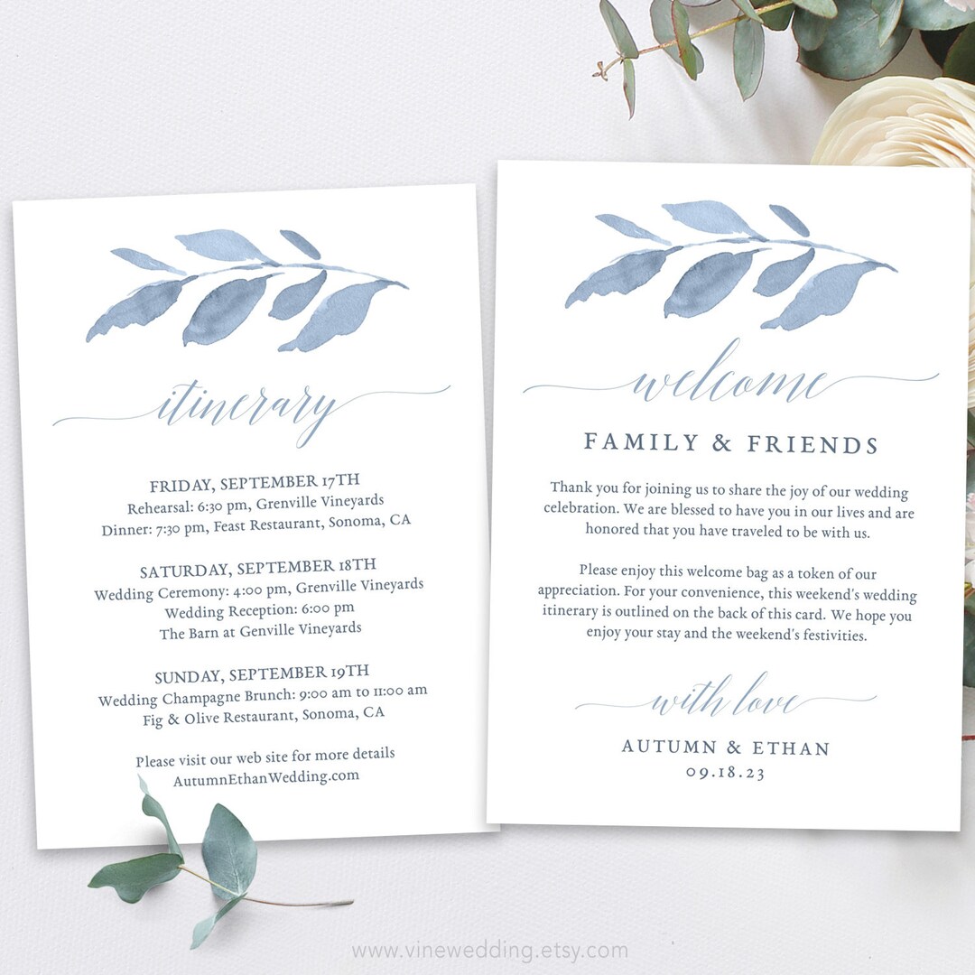 Dusty Blue Leaves Welcome and Itinerary Note, Printable Wedding Welcome ...