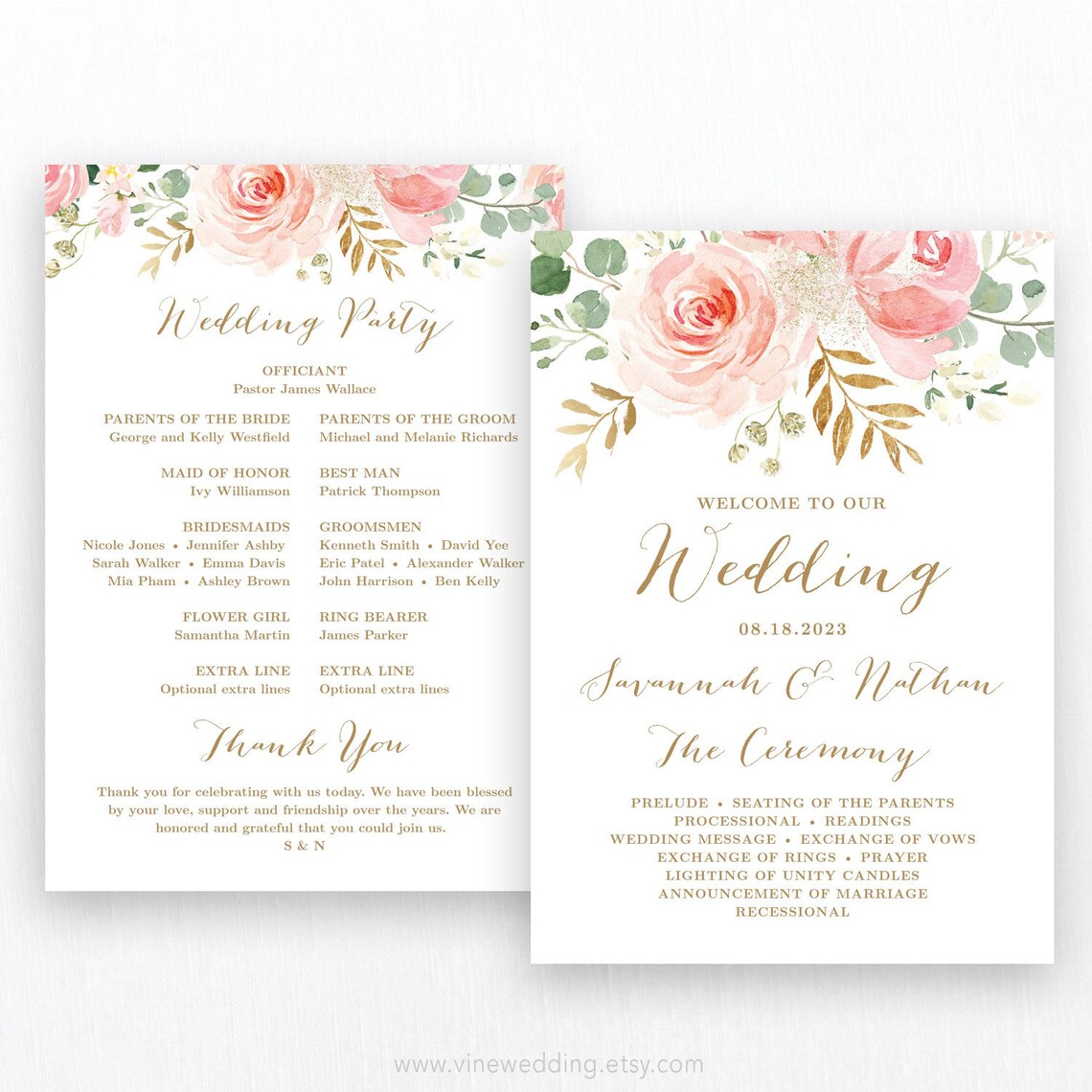 Wedding Program Template 5x7 Printable Two Sided Wedding | Etsy
