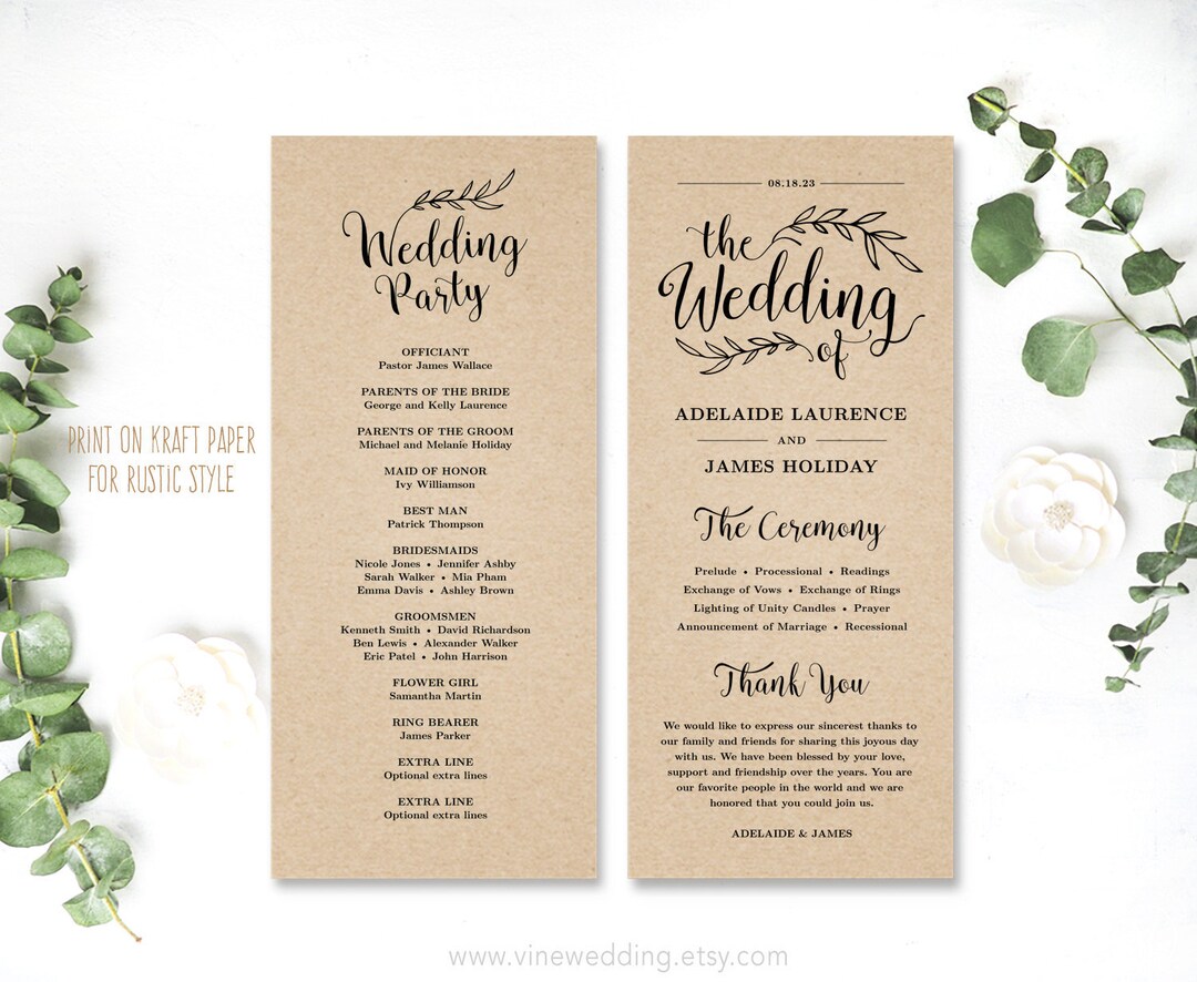 Wedding Programs, Printable Wedding Program Template, Kraft Paper ...