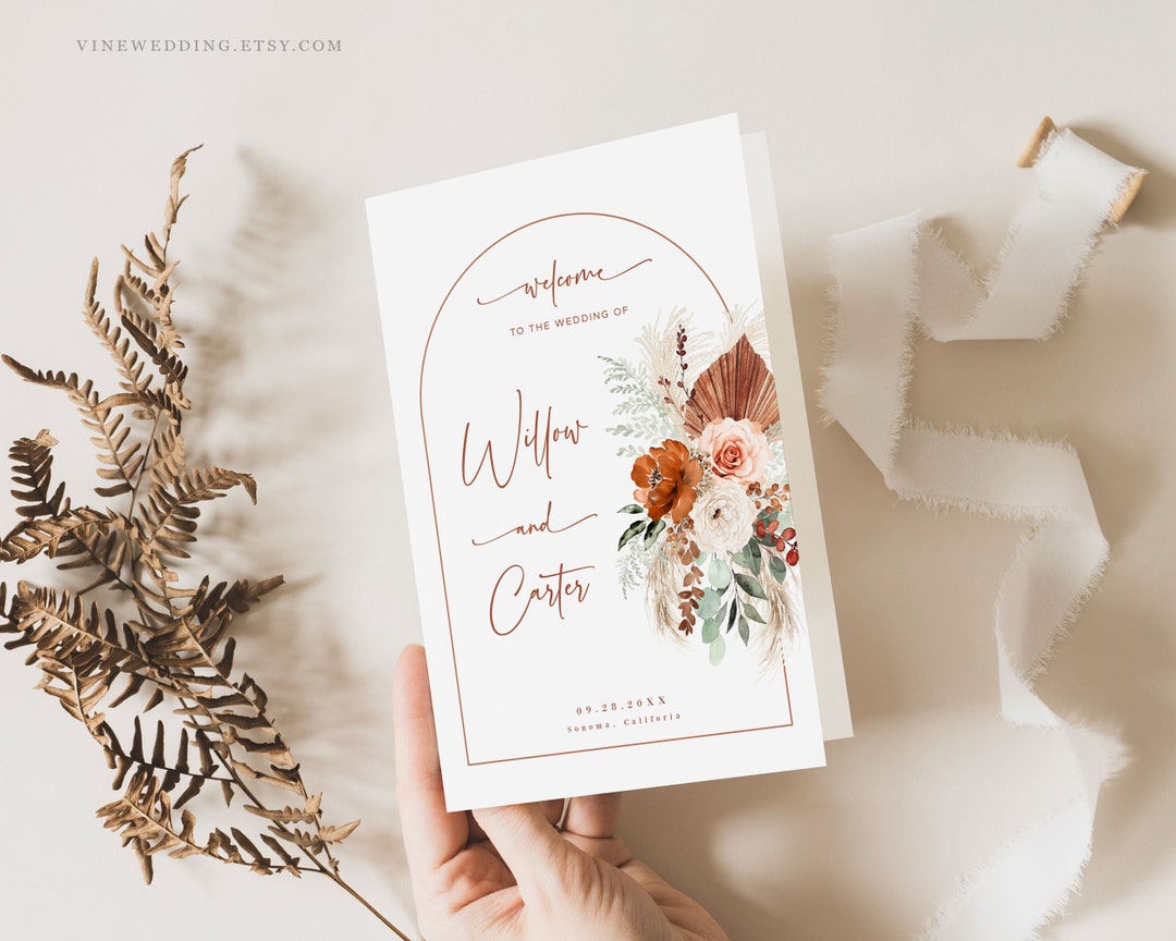 Editable Folded Wedding Program Template, Boho Wedding Program, Printable Arch Wedding Program ...