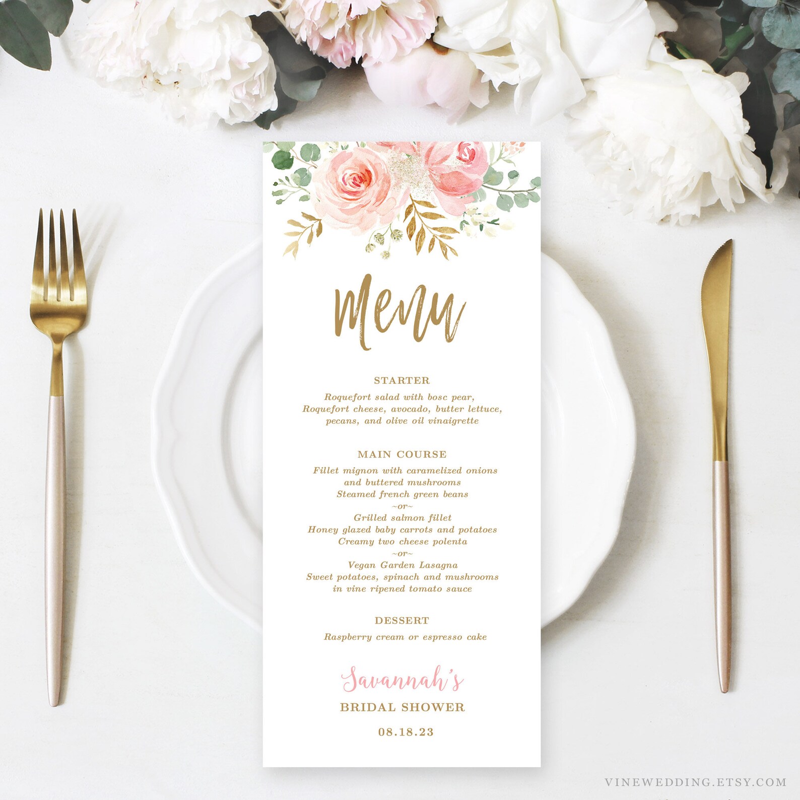 Menu Card Template, 5x7 and 4x9 Inch Size Printable Bridal Shower Menu ...