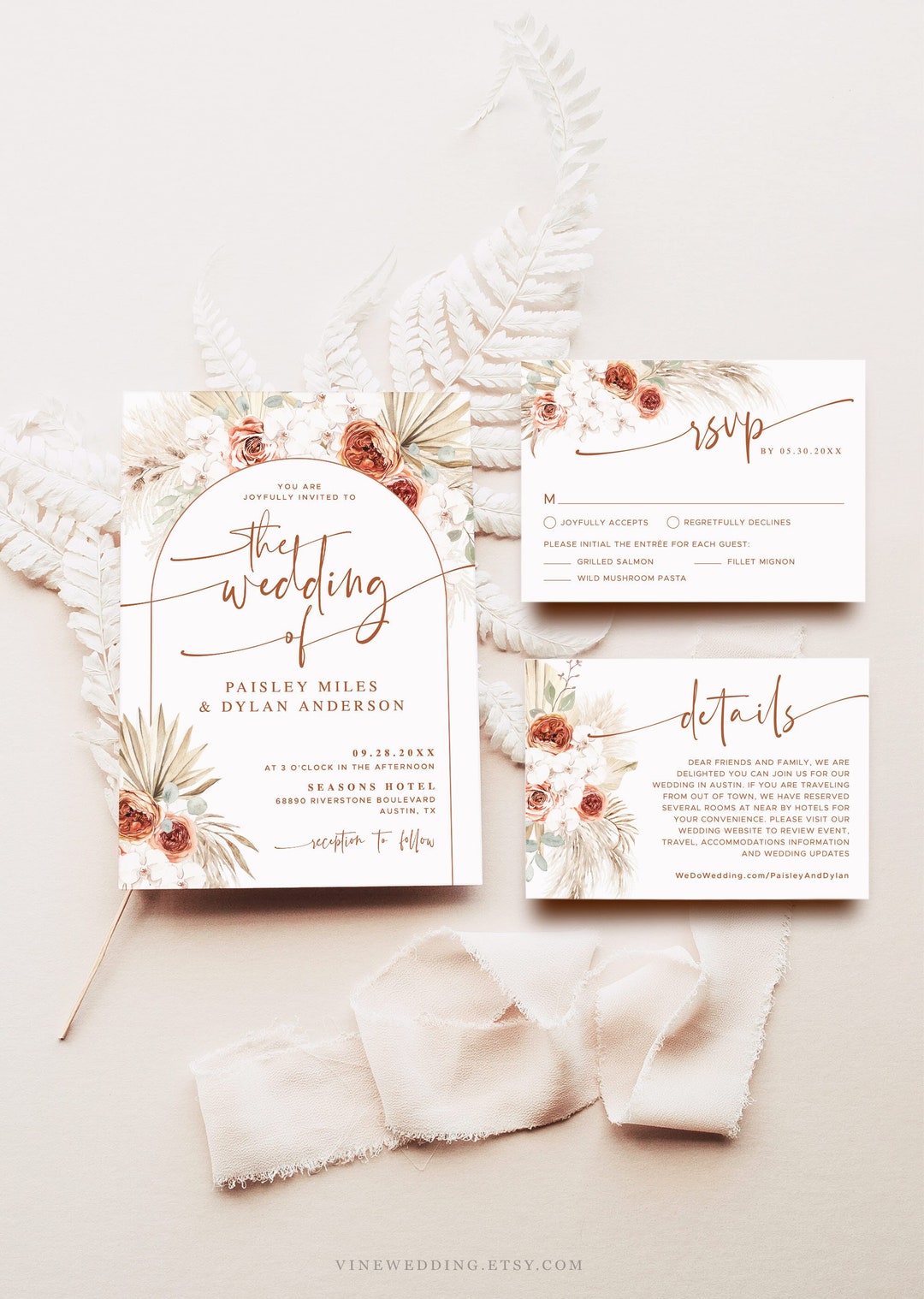 Boho Wedding Invitation Set, Editable Wedding Invitation Template ...