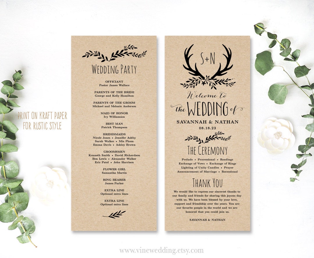 Editable Rustic Antler Wedding Program, Printable Wedding Program Template, Tall, Kraft, DIY ...