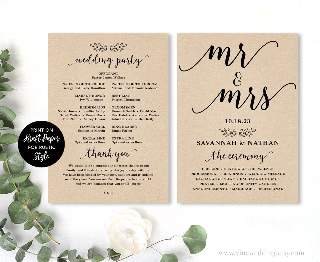 Editable Wedding Program, Wedding Program Template, DIY Program, 5x7 ...