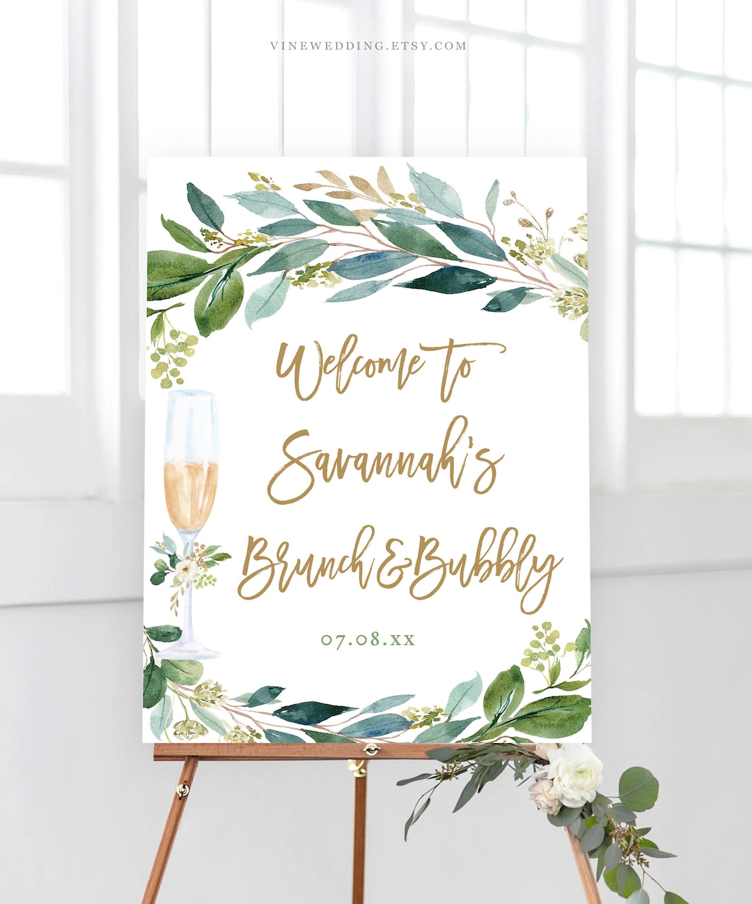 Editable Brunch & Bubbly Welcome Sign, Greenery, Printable Bridal ...