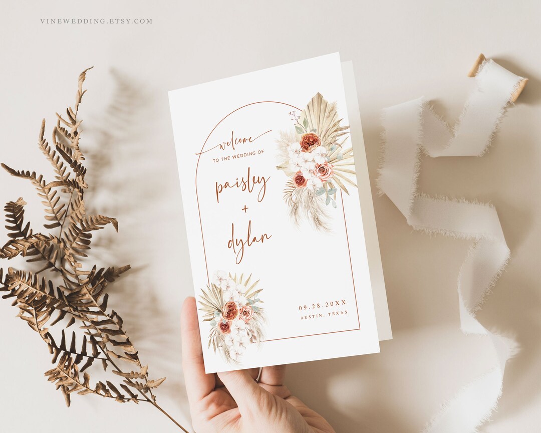 Bifold Wedding Program Template, Boho Wedding Program, Printable Wedding Program, Editable ...