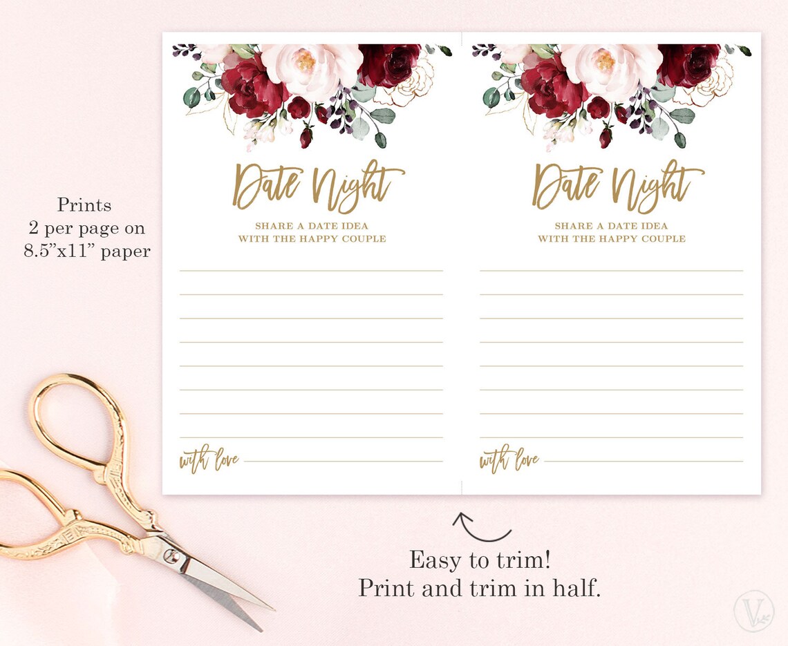 Date Night Ideas Sign and Notecards, Printable Bridal Shower Game Sign ...