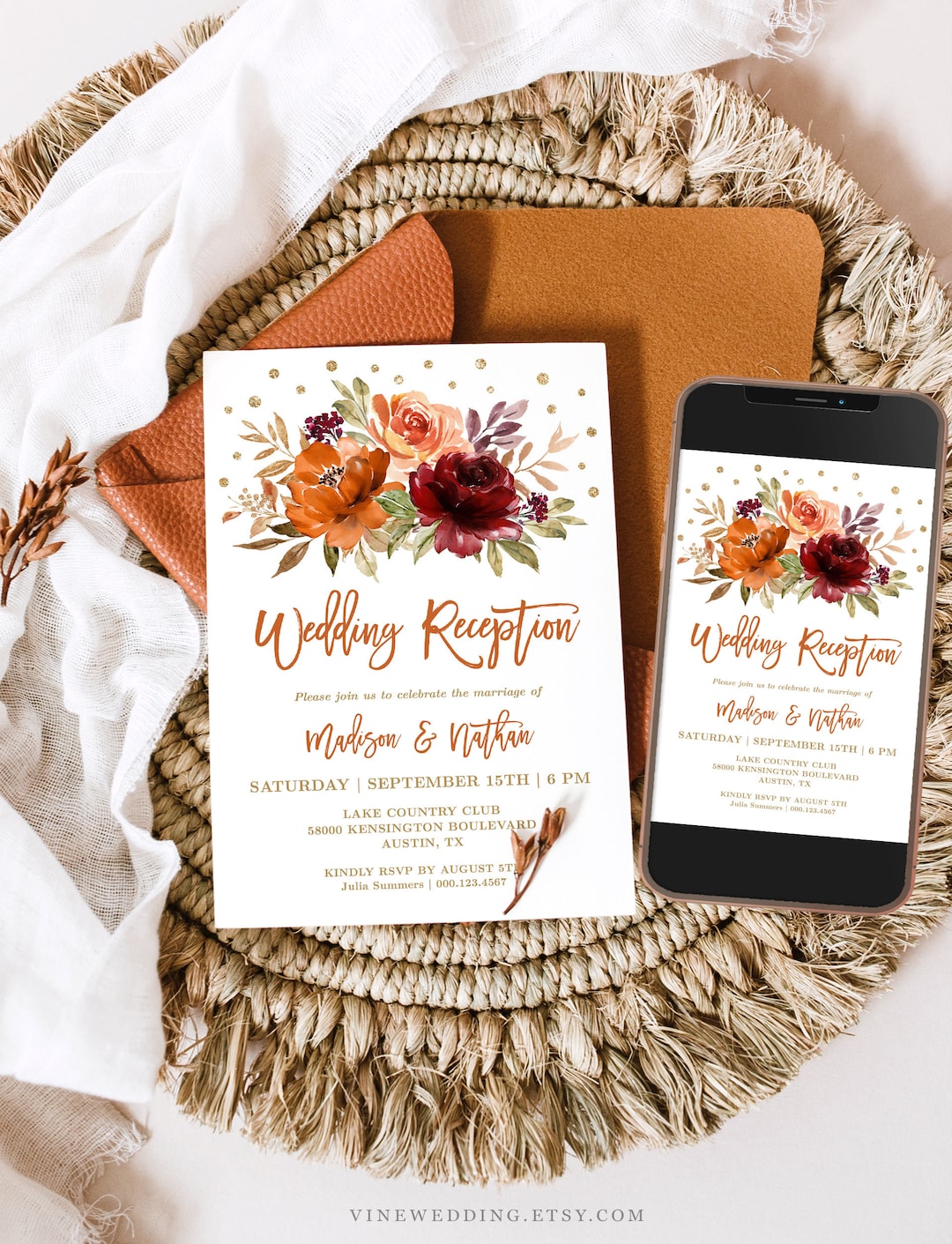 Editable Wedding Reception Invitation Template, Printable Fall Wedding ...