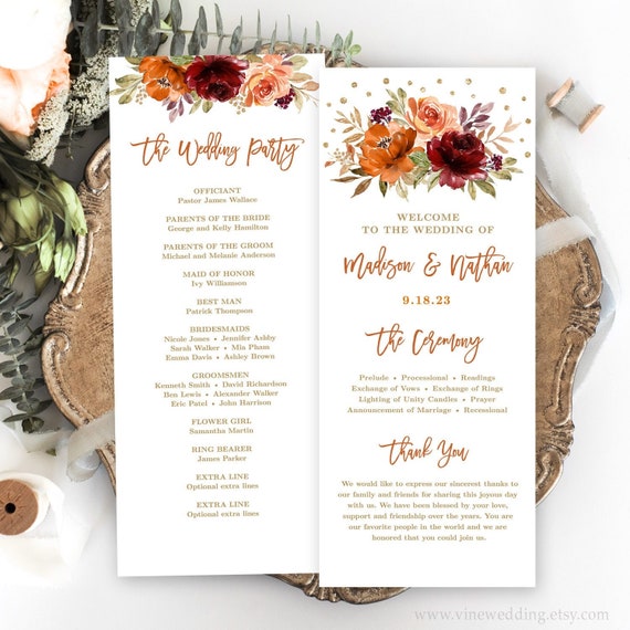 Fall Wedding Programs Printable Wedding Program Template - Etsy