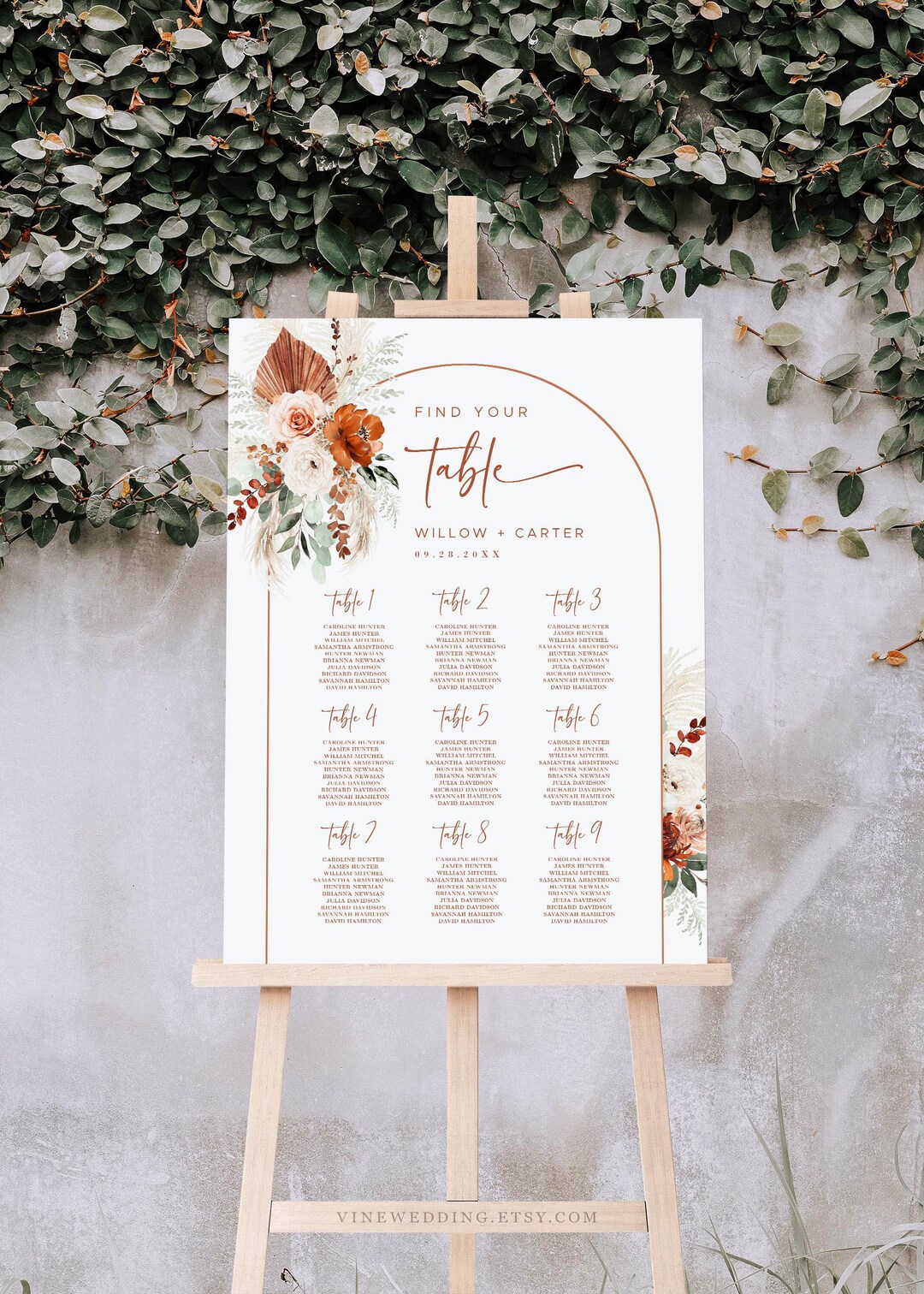 Pampas Table Seating Chart Sign, Editable Wedding Seating Chart ...