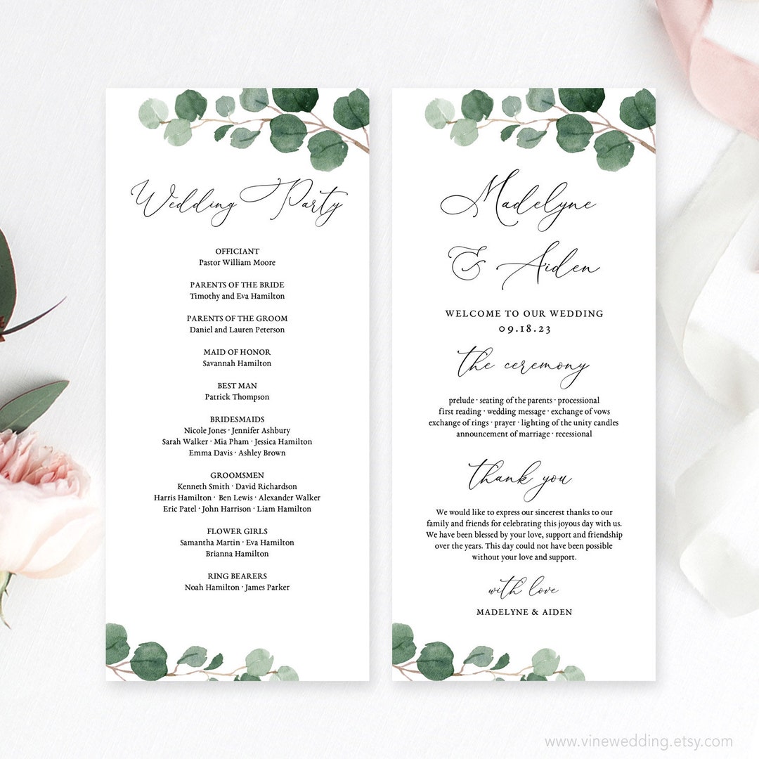 Greenery Wedding Program Template, Printable Wedding Programs, Editable ...
