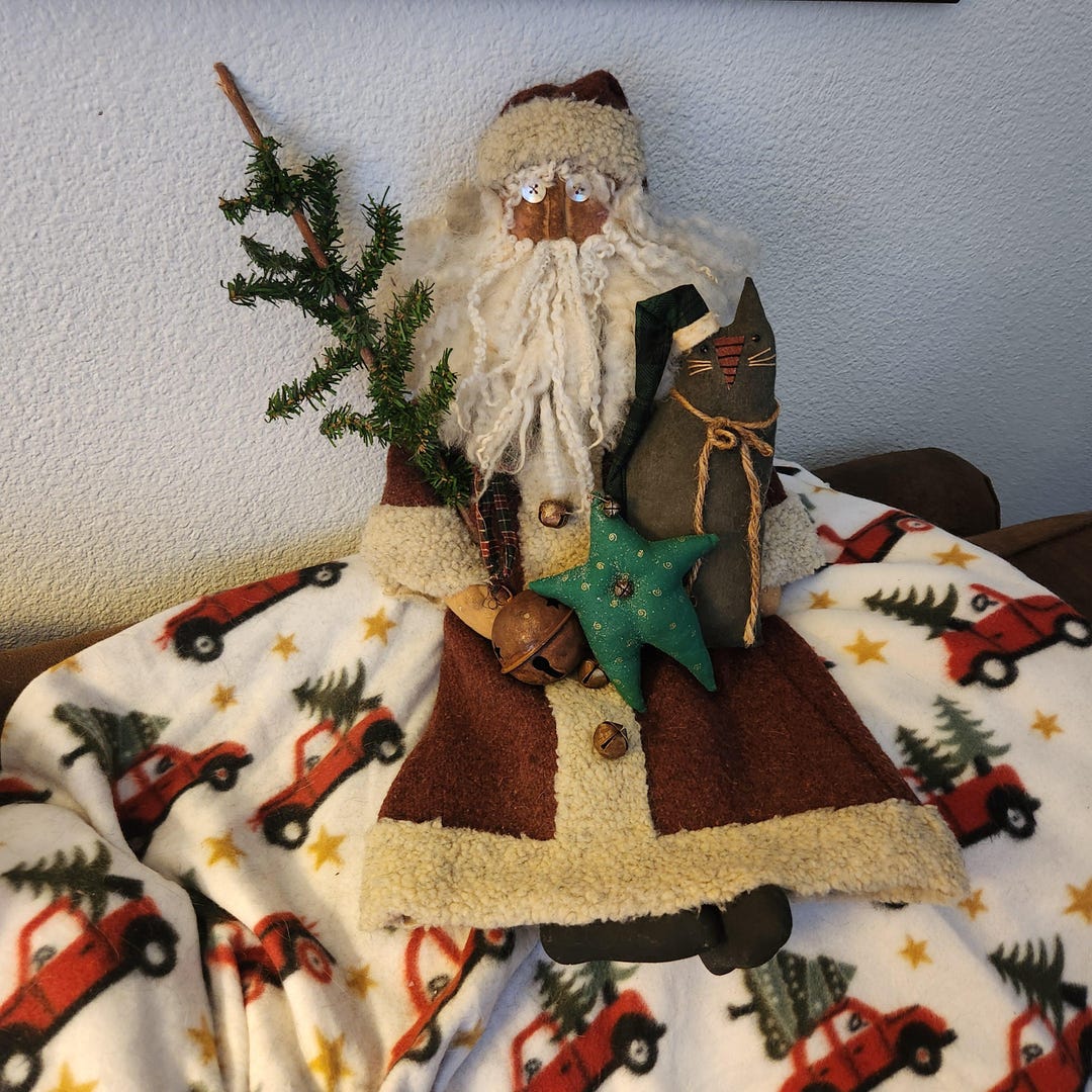 Vintage Primitive Handmade Santa Doll With Kitty. No International ...