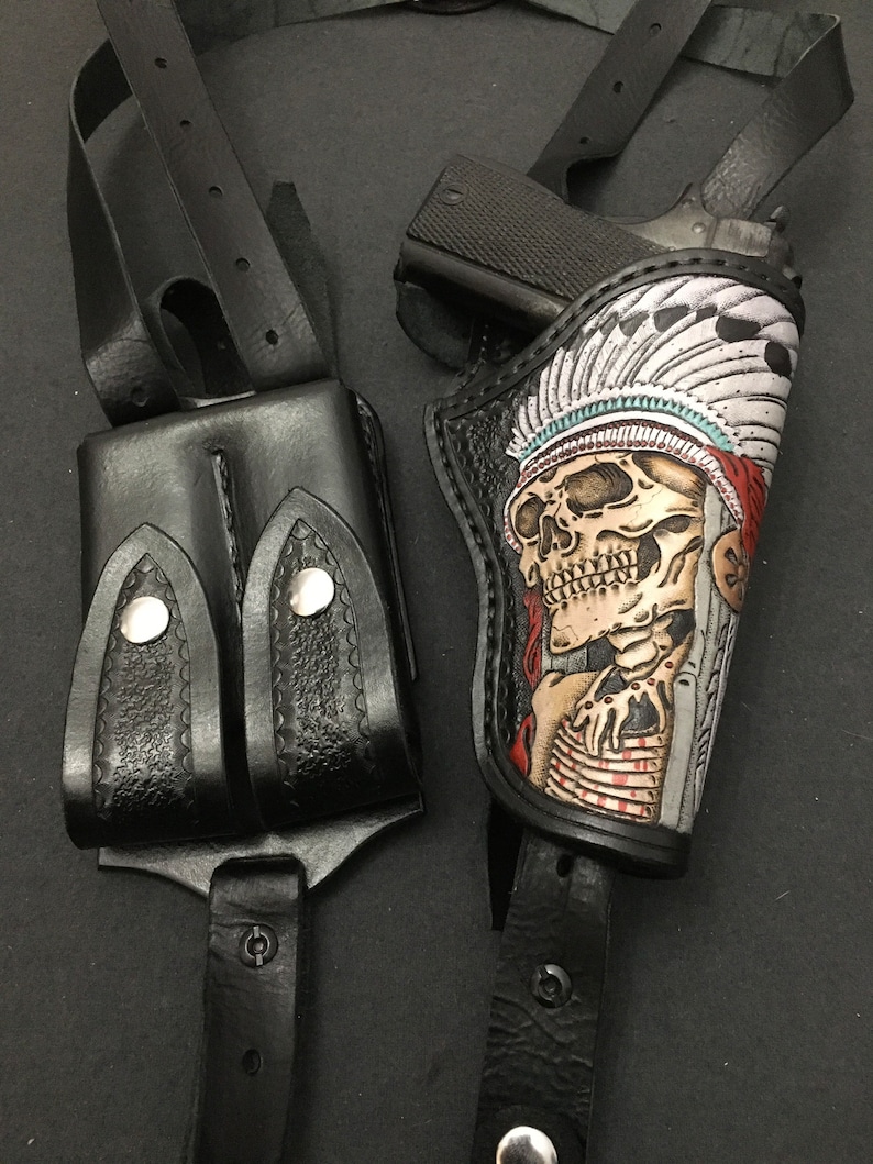 Skull Shoulder Holster Hand Tooled Leather Holster. 1911, Ruger, Kimber ...