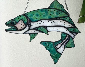 Rainbow Trout Steelhead Stained Glass Suncatcher Fisherman Outdoorsman ...