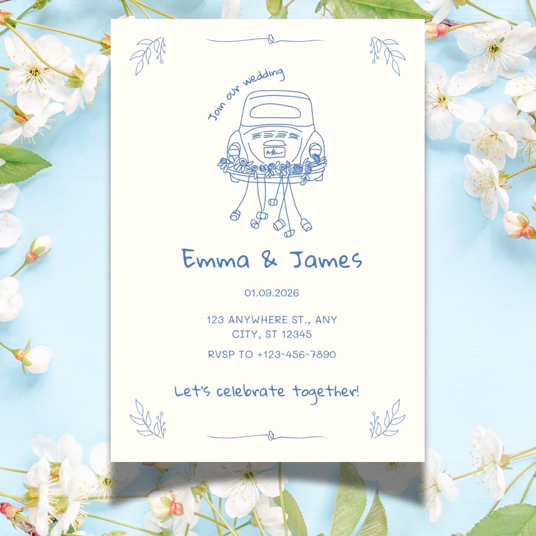 Retro Just Married Car Wedding Invitation: Editable Canva Template (PDF ...