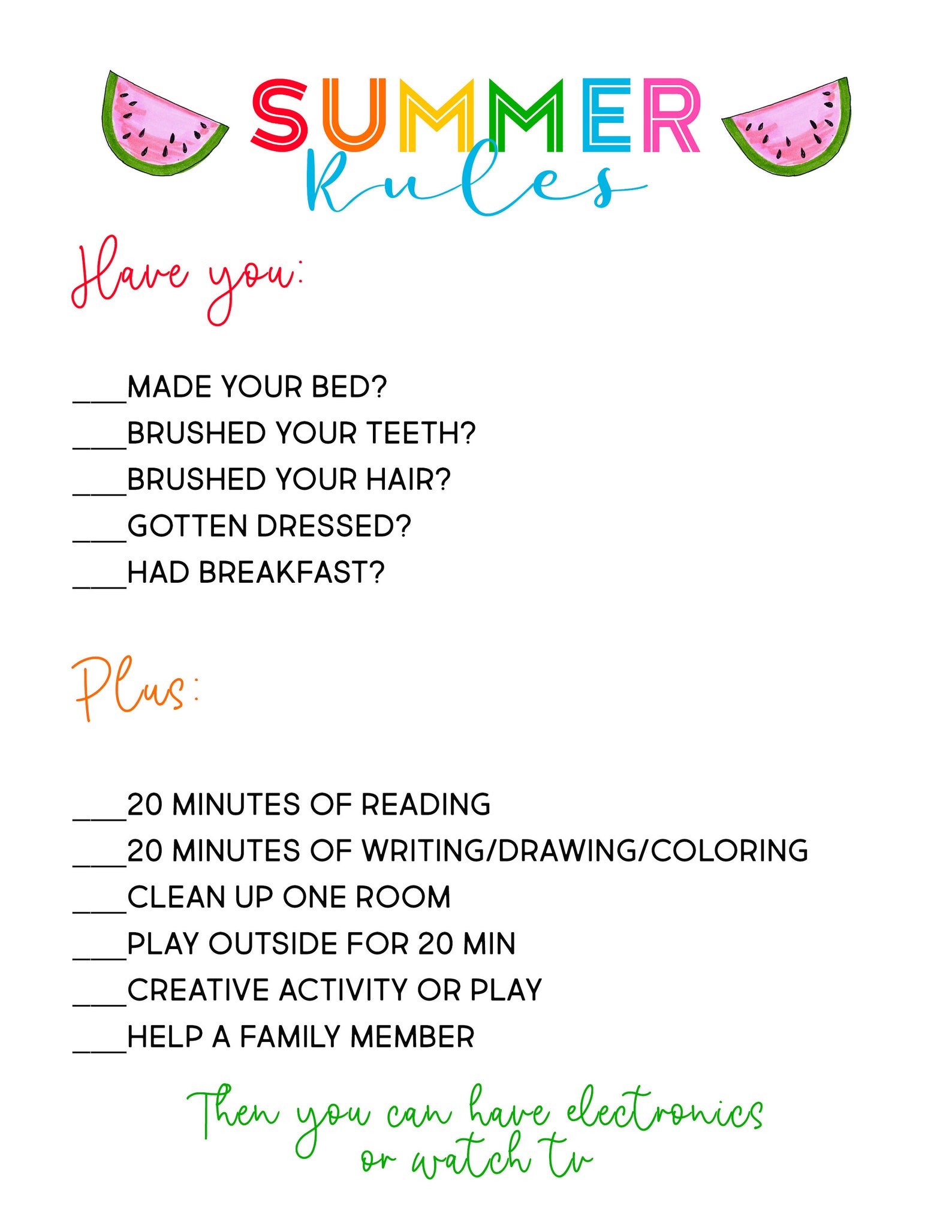 PRINTABLE Summer Rules Checklist, Printable Checklist, Summer to Do ...