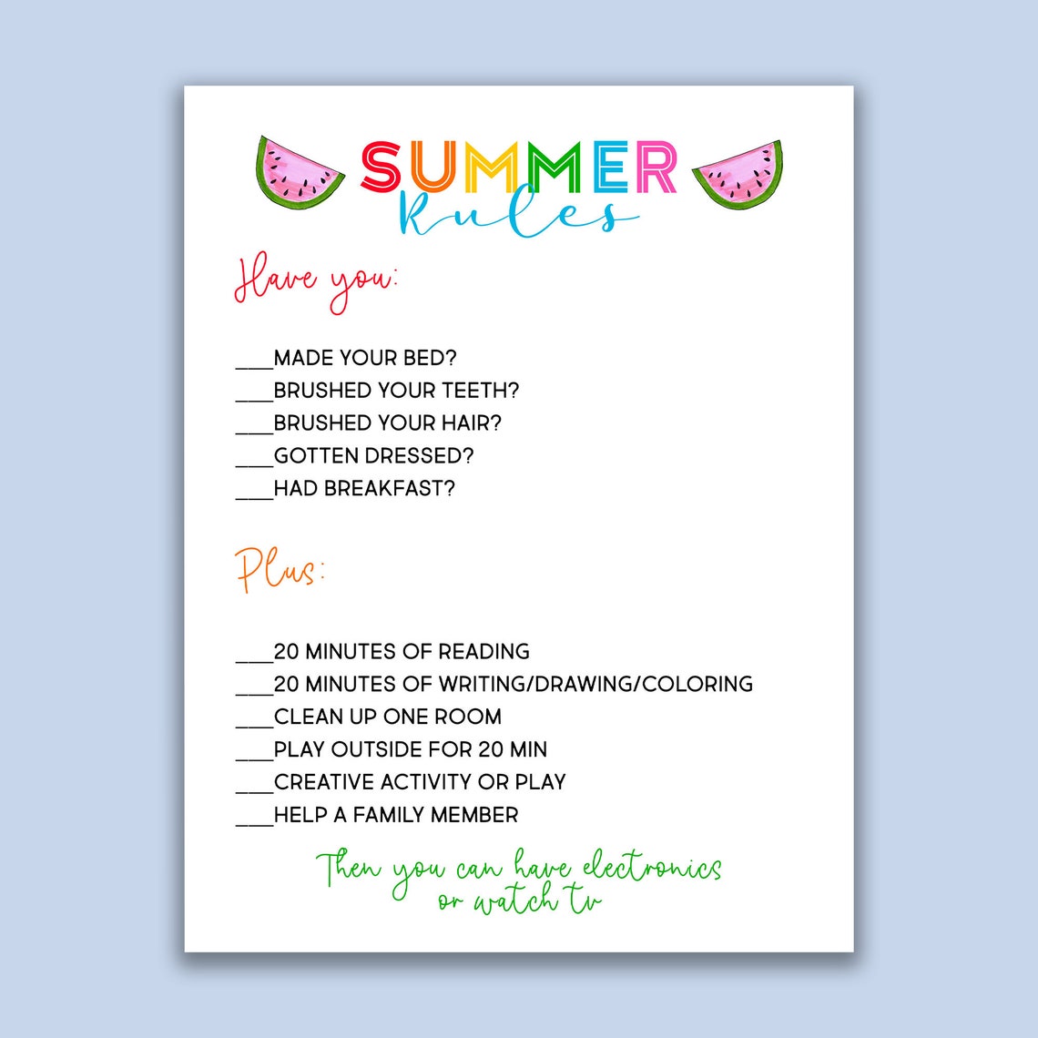 PRINTABLE Summer Rules Checklist, Printable Checklist, Summer to Do ...