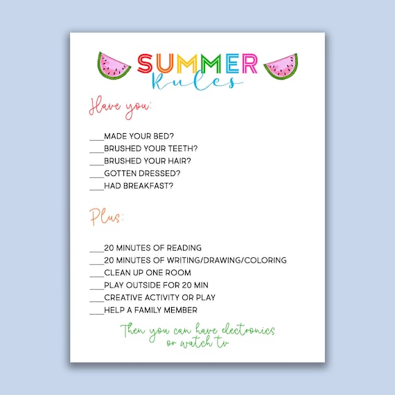 PRINTABLE Summer Rules Checklist Printable Checklist Summer - Etsy