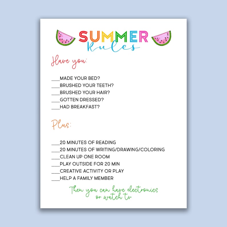Printable Summer Rules Checklist for Kids (PDF) - Etsy