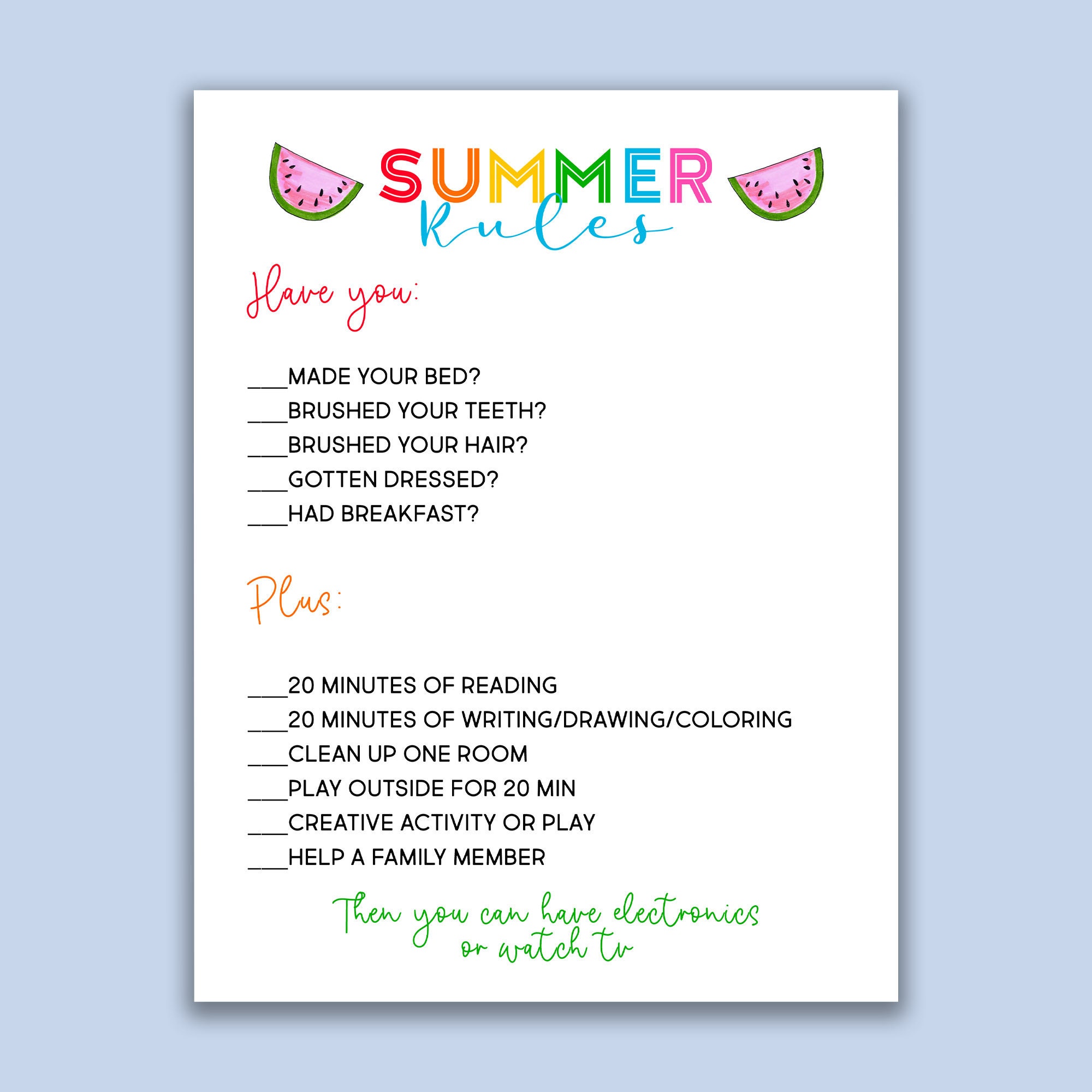 PRINTABLE Summer Rules Checklist, Printable Checklist, Summer to Do ...
