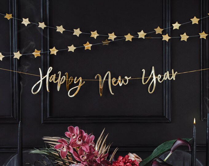 Happy New Year Garland Gold Script Text Banner 2024 Wall Decoration ...