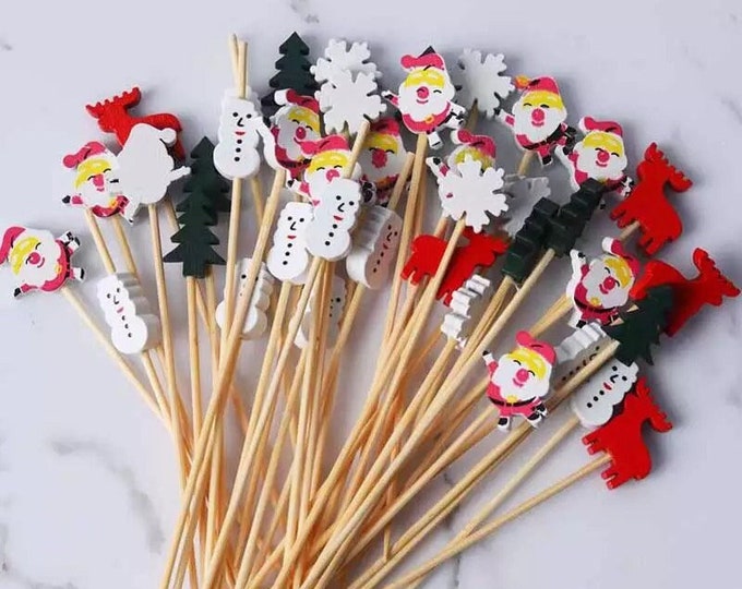 Christmas Food Picks Wooden Skewers Santa Snowman Reindeer Festive ...