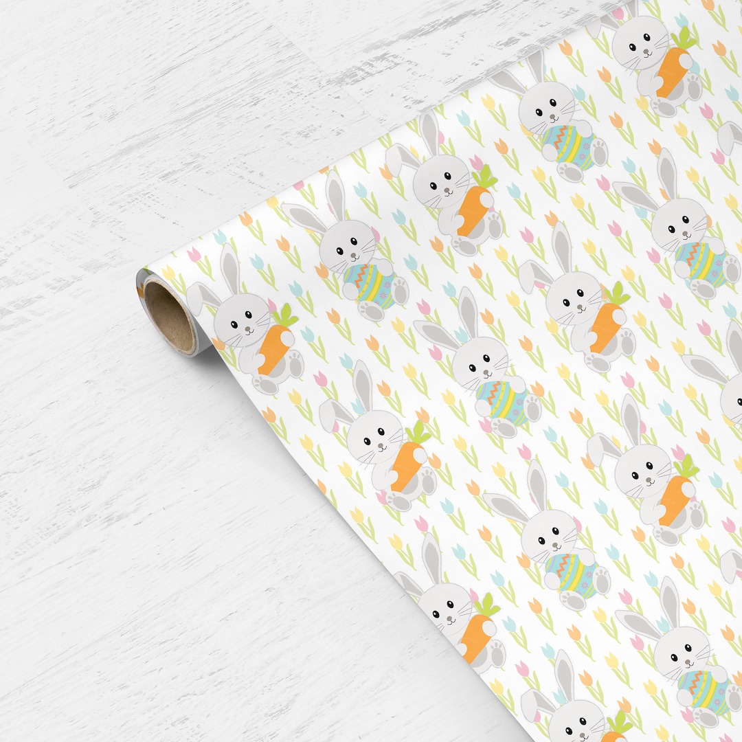 Floral Gift Wrapping Paper Easter Bunny Eggs Carrots Tulips Kids ...